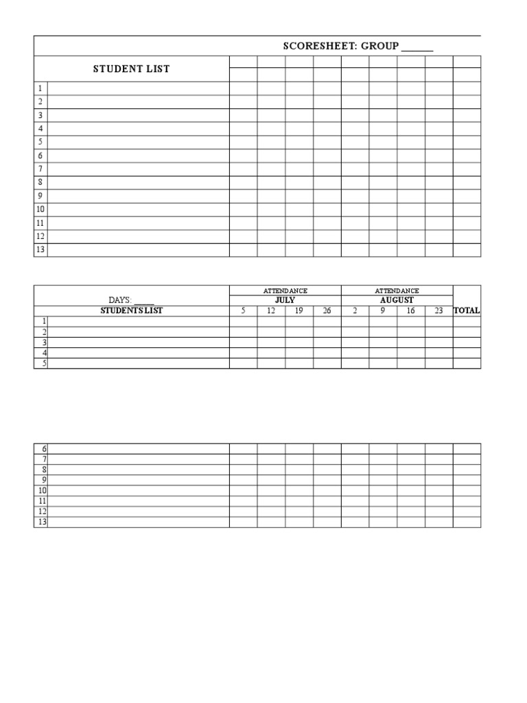 Scoresheet: Group - Student List: Total July August Students List | PDF ...