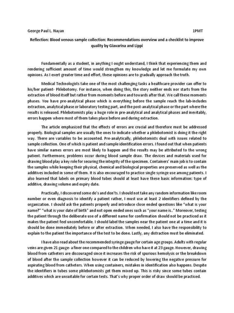 Reflection: Blood Venous Sample Collection: Recommendations Overview ...