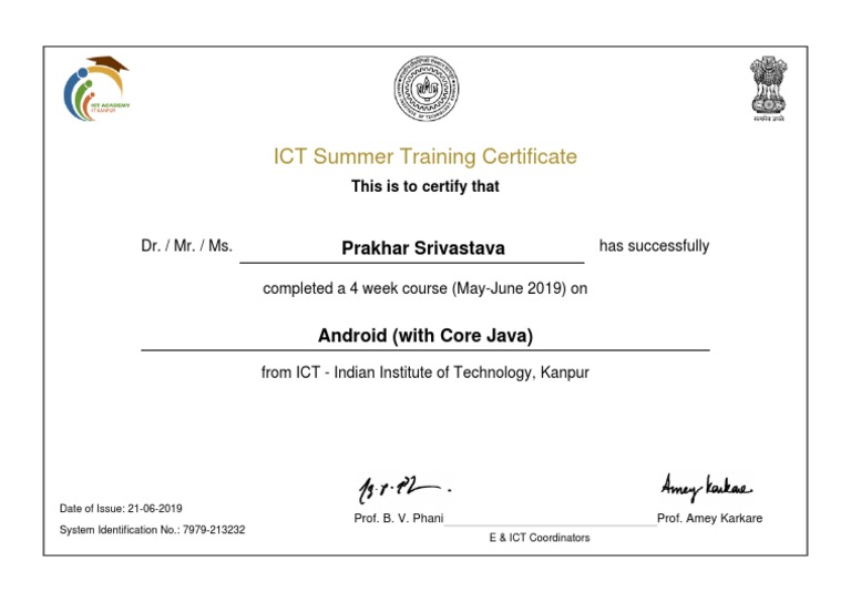 ICT Summer Training Certificate: Prakhar Srivastava | PDF