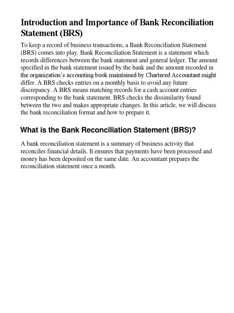 Introduction and Importance of Bank Reconciliation Statement (BRS) | PDF | Cheque | Deposit Account