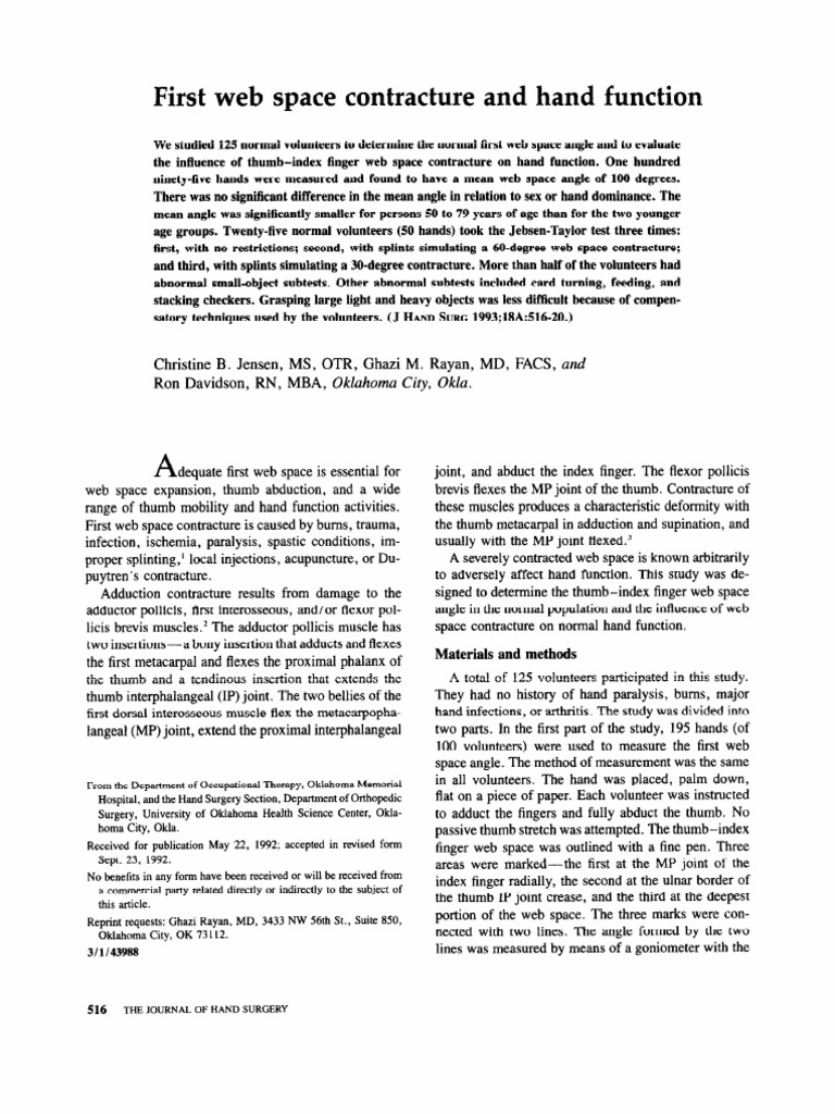 First Web Space Contracture and Hand Function: and Oklahoma City, Okla ...