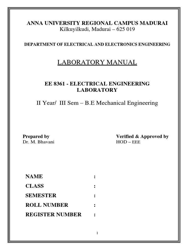 EE 8361 - Electrical Engineering Lab Manual Final - Mech | PDF ...