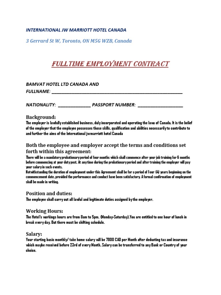 International JW Marriott Hotel Canada Agreement Letter | PDF | Sick ...