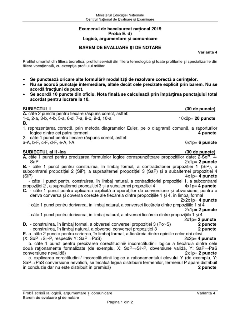 Barem Logică BAC 2019 | PDF