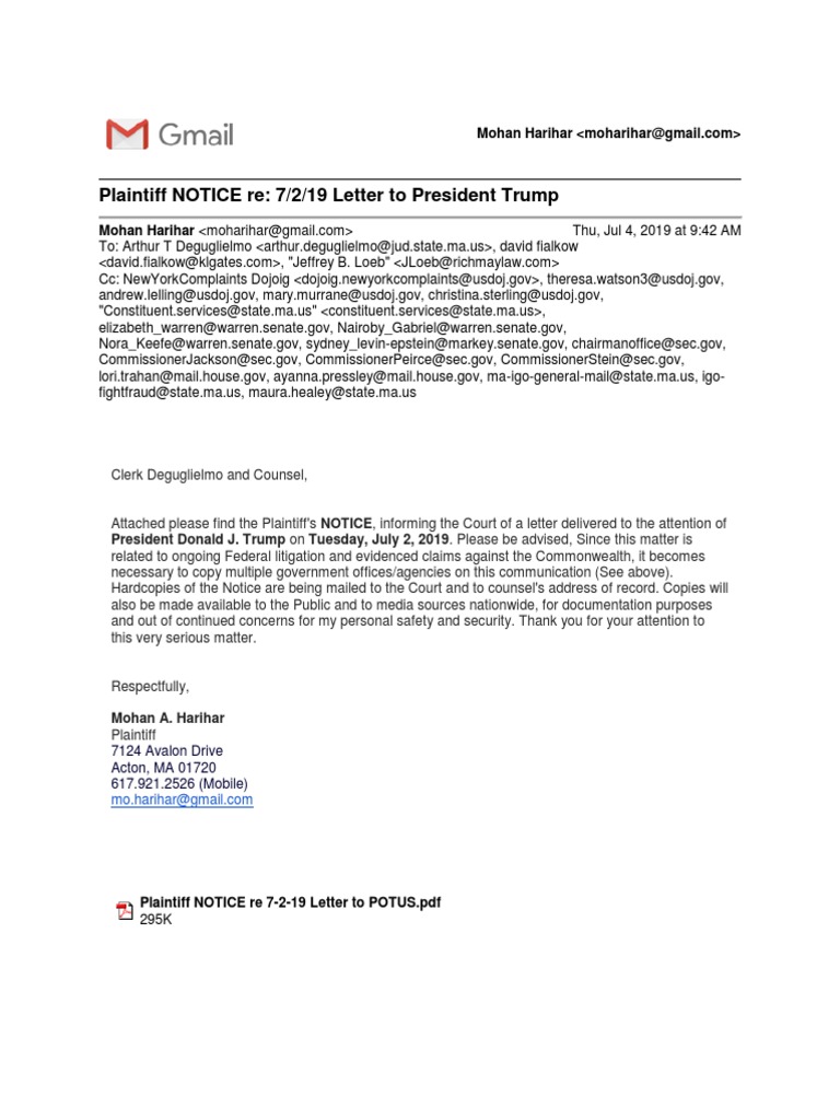 HARIHAR Files NOTICE To Document 7-2-19 Letter To POTUS | PDF | Federal ...