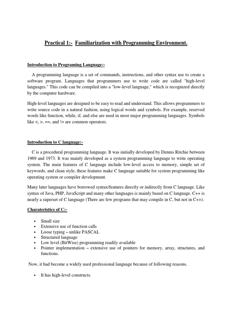 Practical 1:-Familiarization With Programming Environment | PDF | C (Programming Language ...