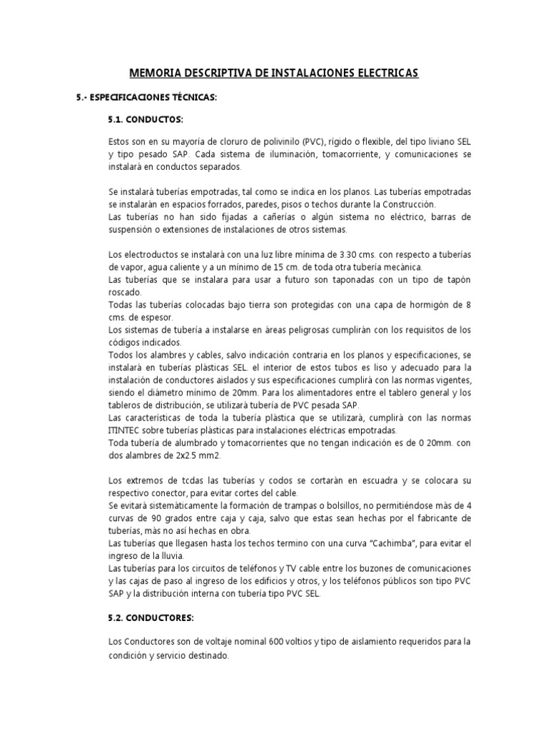 Especificaciones Tecnicas Instalaciones Electricas | PDF | Enchufes y tomas de corriente alterna ...