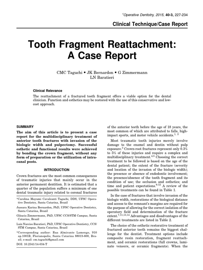 Tooth Fragment Reattachment: A Case Report | PDF | Human Tooth | Dental ...