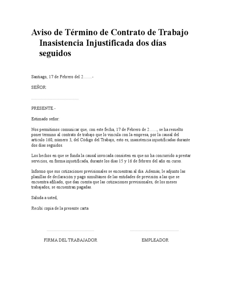 Formato Carta De Aviso De Termino De Contrato De Trabajo Financial ...