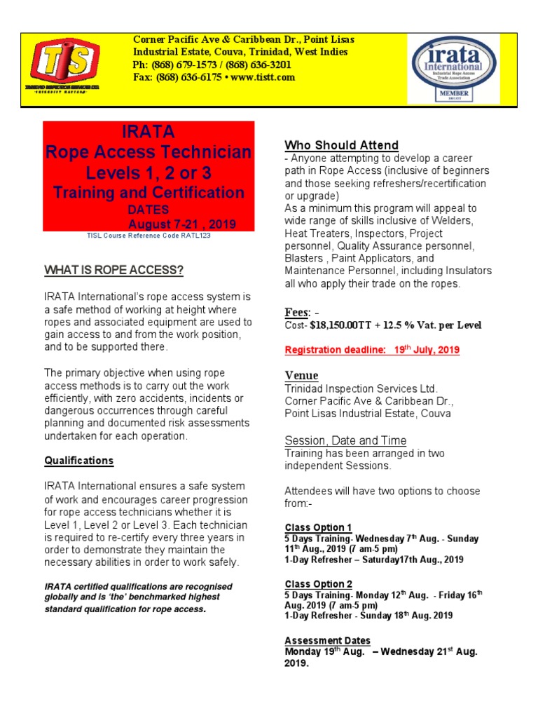 IRATA Rope Access Training and Certificaton Levels 1,2,3 August 2019 ...