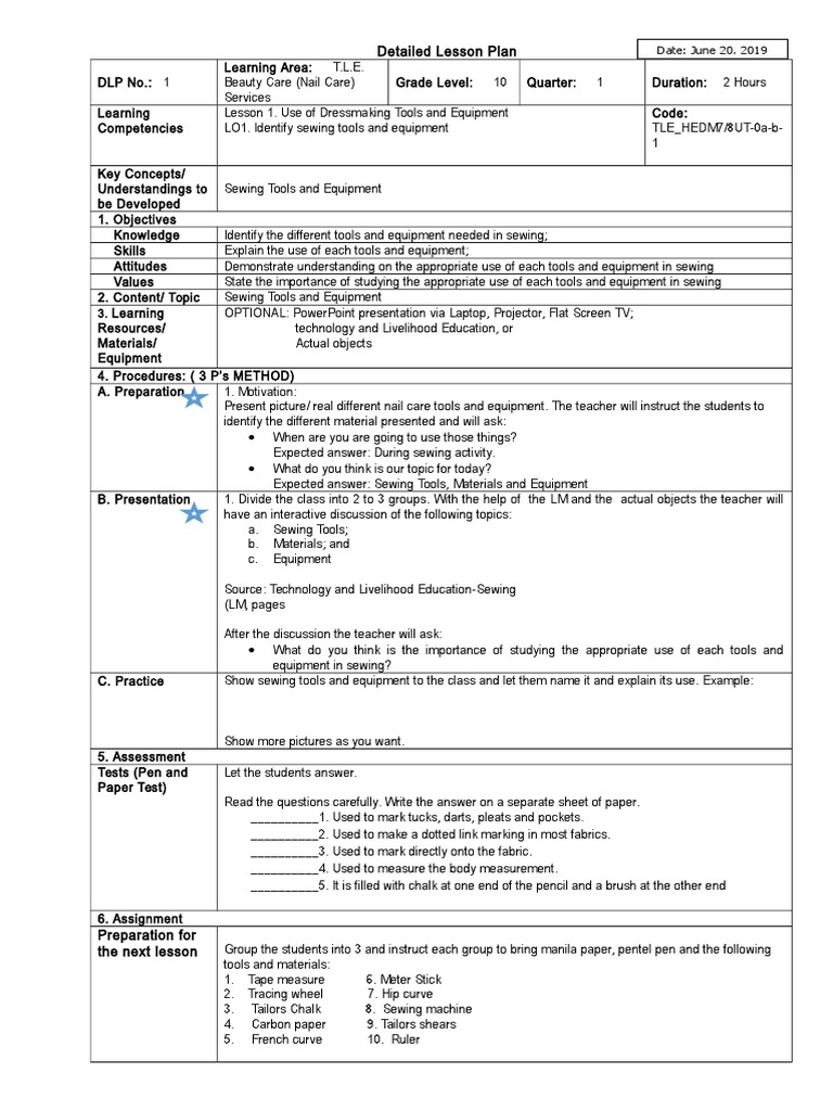 DLPdressmaking 1 | PDF | Sewing | Lesson Plan