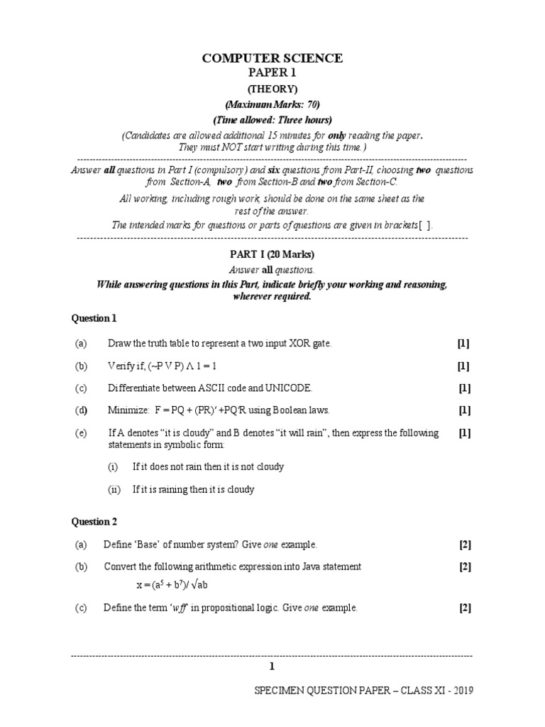 Computer Sc Specimen Qp Class Xi Pdf Constructor Object Oriented Programming Programming