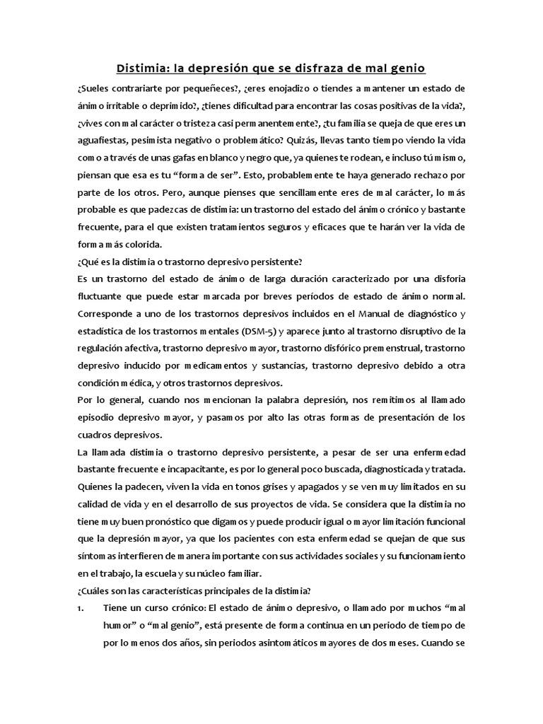 Distimia | PDF | Trastorno depresivo mayor | Depresión (estado de ánimo)
