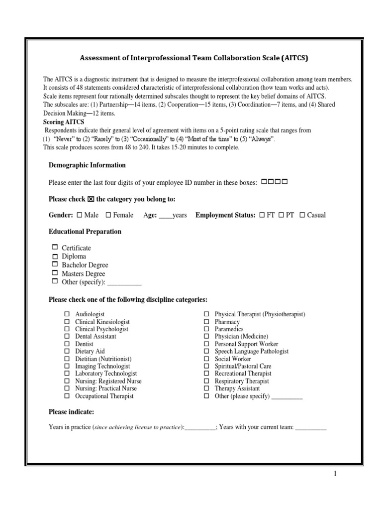 Assessment of Interprofessional Team Collaboration Scale (AITCS) | PDF ...