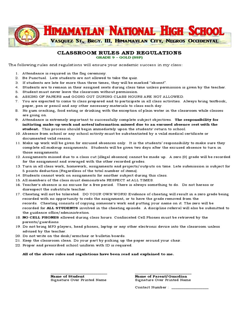 Classroom Rules and Regulations | PDF | Homework | Behavior Modification