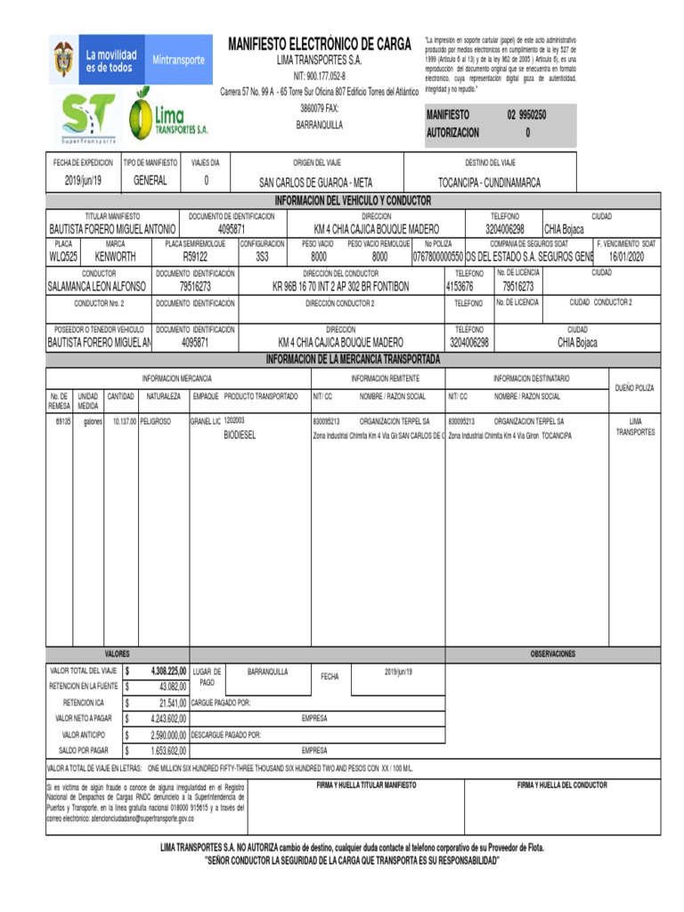 Ejemplo de Manifiesto de Carga | PDF | Electrónica | Business