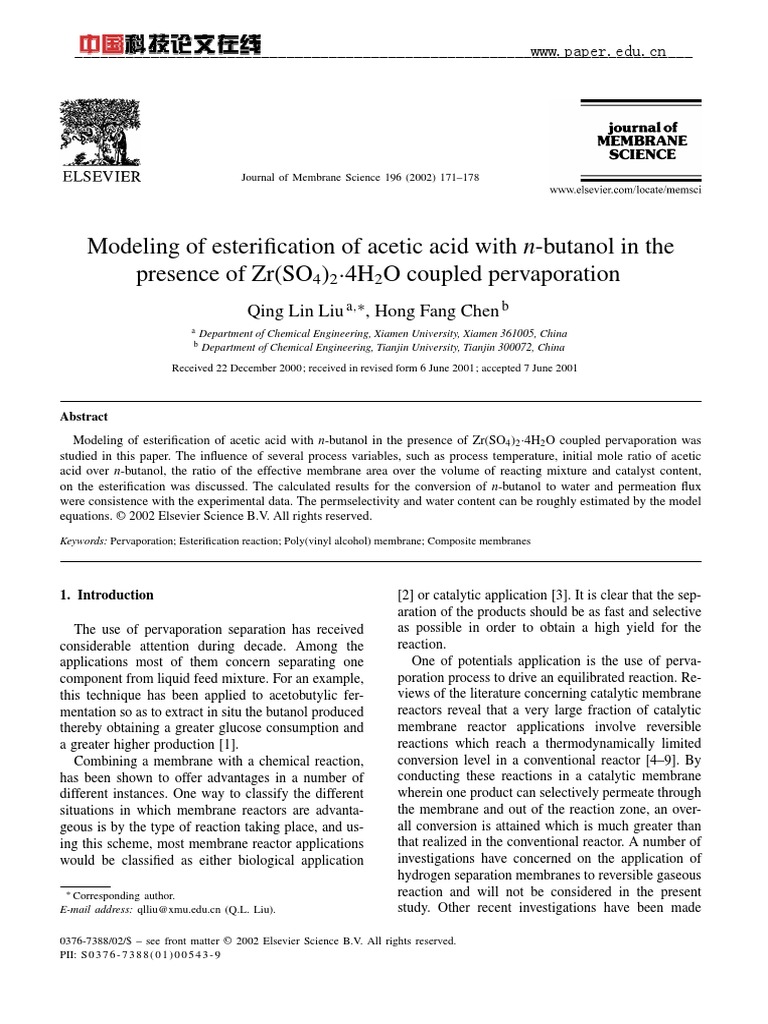 Modeling of Esterification of Acetic Acid With N-Butanol in The ...