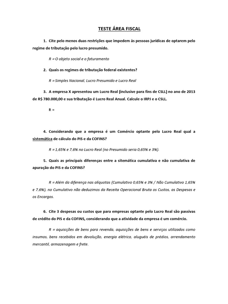 Teste Área Fiscal | PDF | Lucro (economia) | Impostos