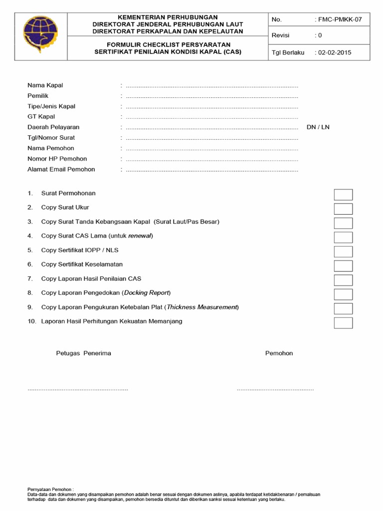 Formulir Checklist Persyaratan Sertifikat Penilaian Kondisi Kapal (CAS) | PDF
