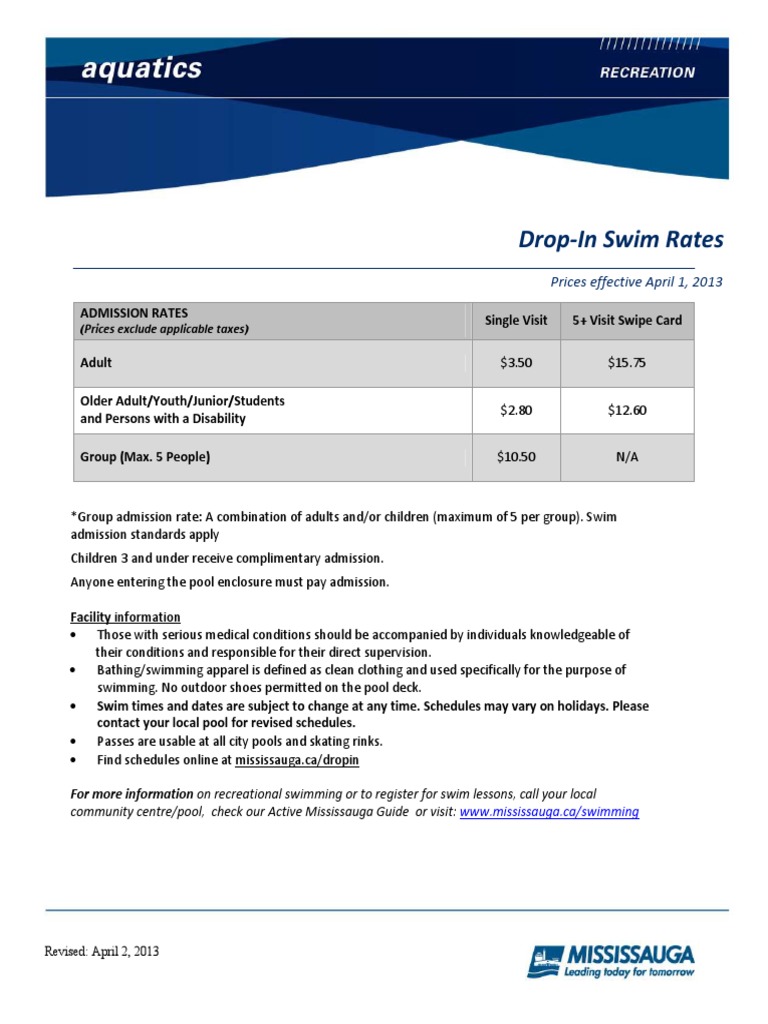 Drop-In Swim Rates: Prices Effective April 1, 2013 | PDF | Swimming ...