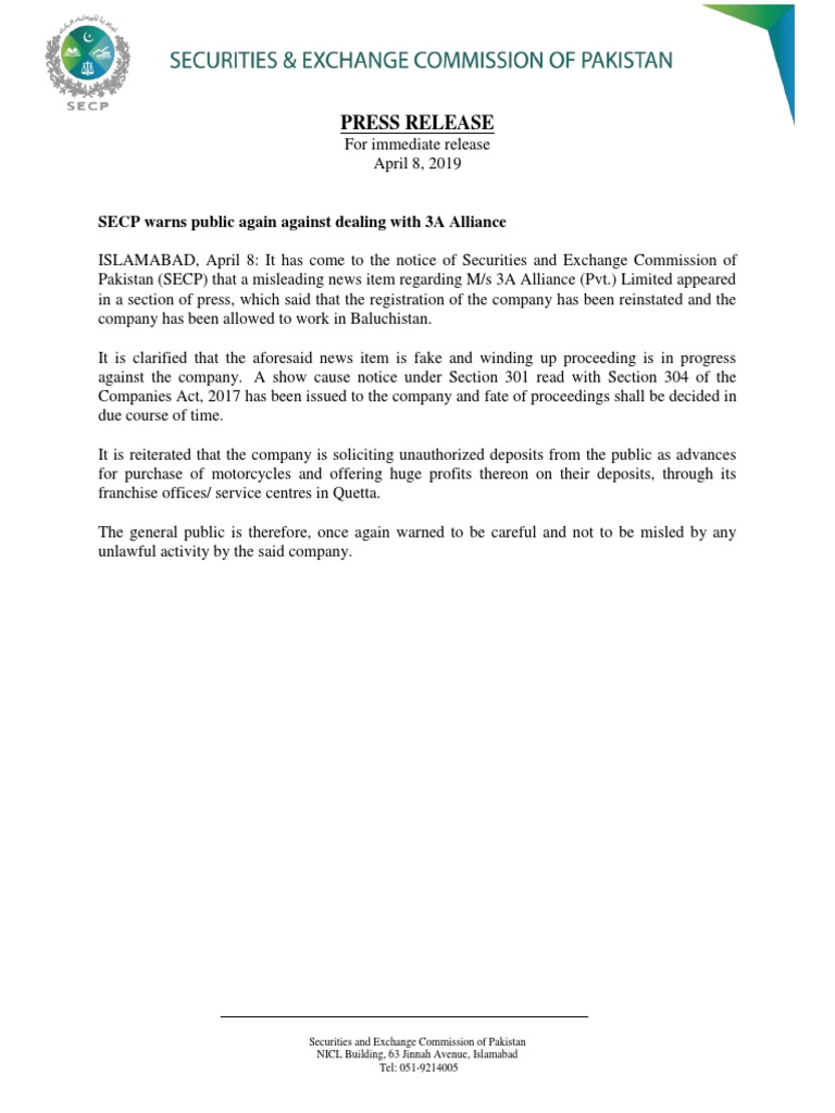 Press Release: SECP Warns Public Again Against Dealing With 3A Alliance ...