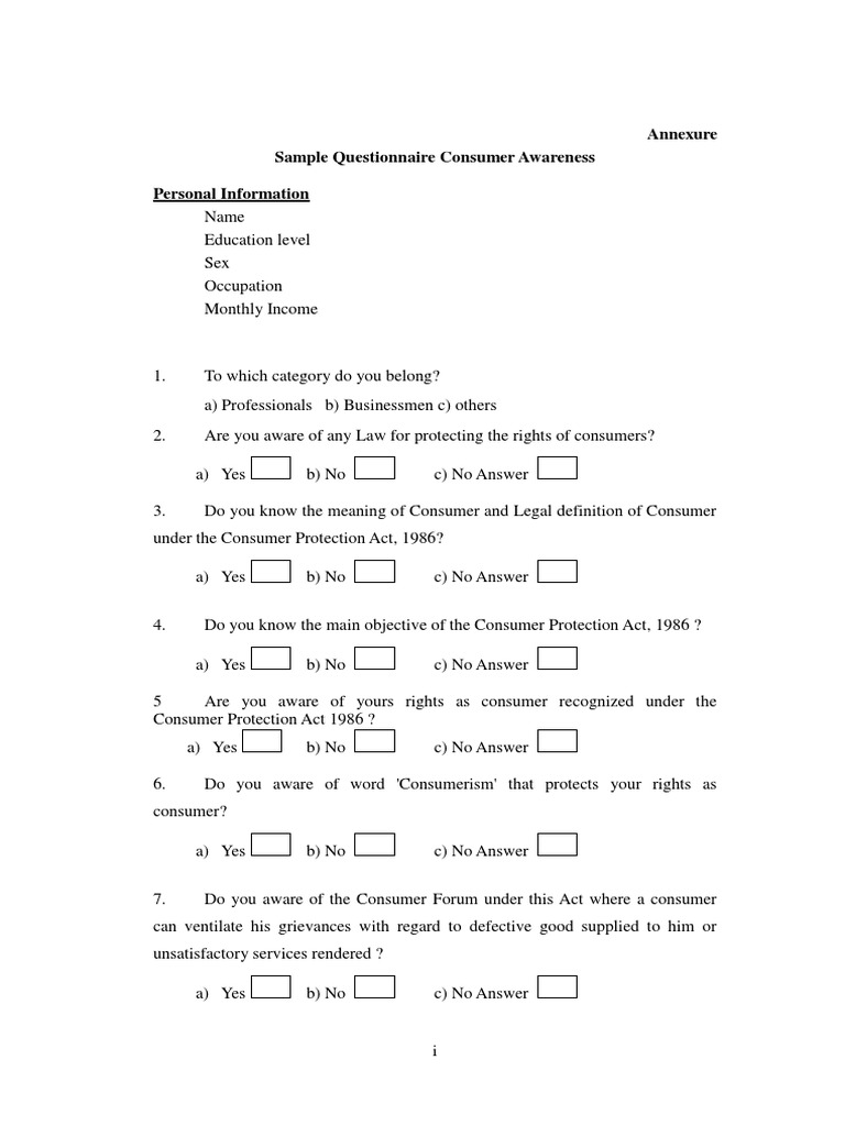Annexure Sample Questionnaire Consumer Awareness Personal Information ...