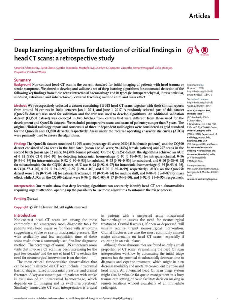 Deep Learning Algorithms For Detection Of Critical Findings In Head Ct Scans A Retrospective