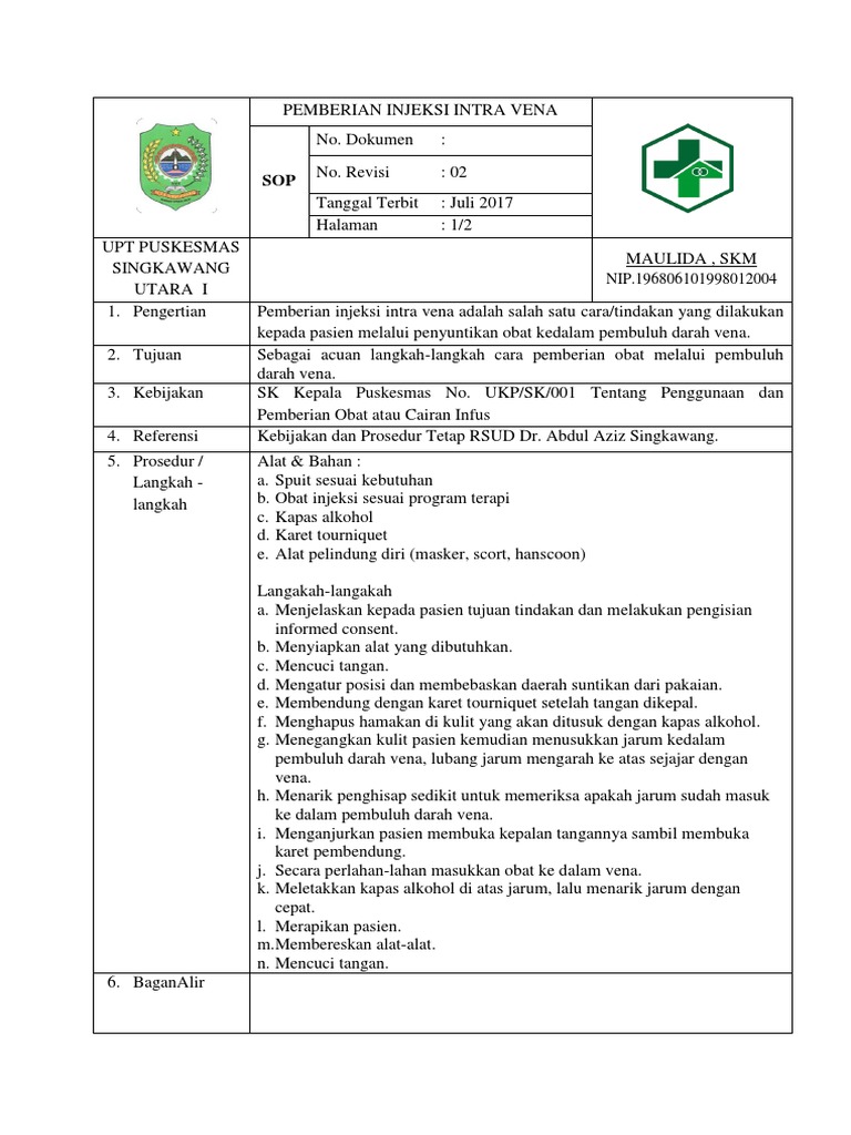 SOP Pemberian Injeksi Intra Vena (IV) | PDF