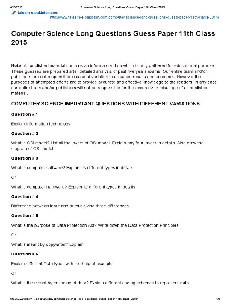 Computer Science Long Questions Guess Paper 11th Class 2015 | PDF | Random Access Memory | Data ...