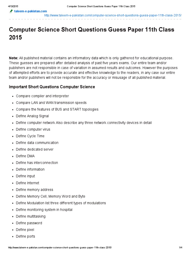 Computer Science Short Questions Guess Paper 11th Class 2015 | PDF | Computer Network | Printer ...