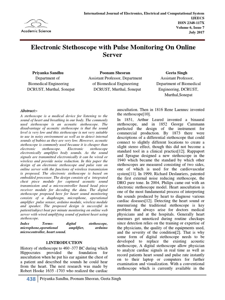 Electronic Stethoscope With Pulse Monitoring On Online Server | PDF ...