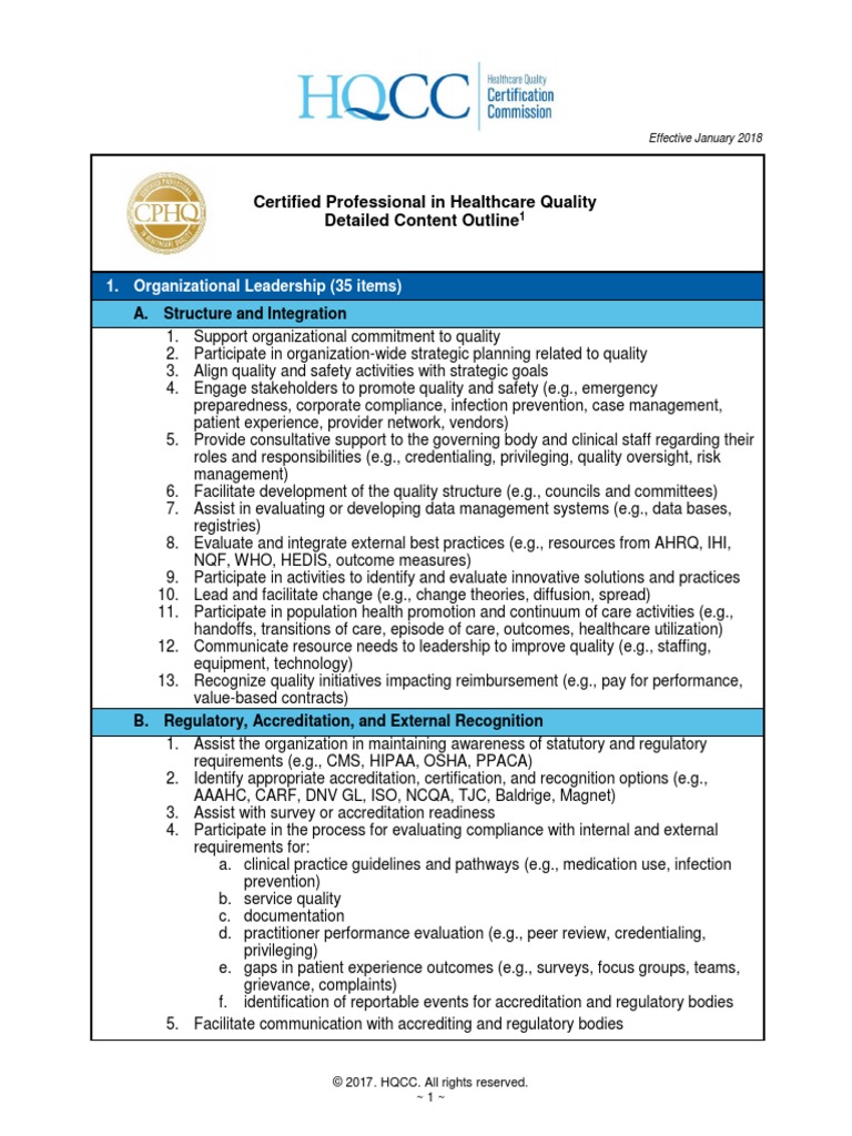 CPHQ Content Outline - Effective 01-2018 | PDF | Patient Safety | Data ...