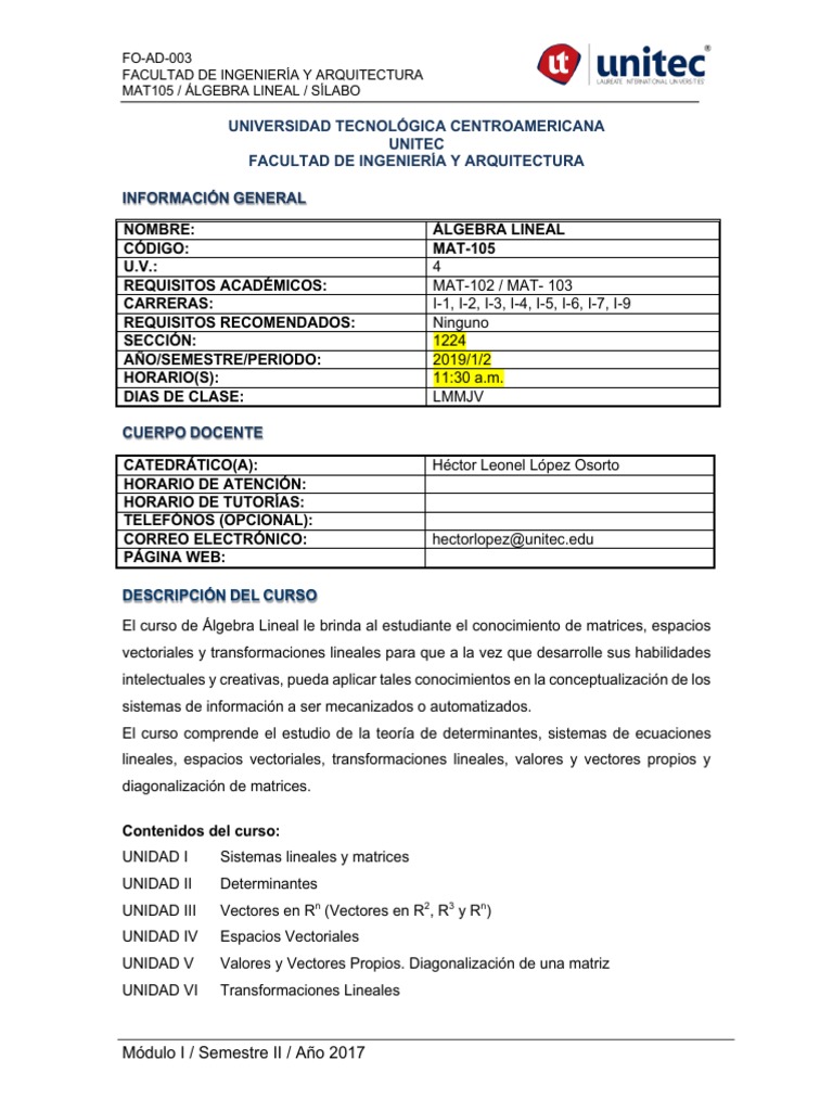 Silabo - Algebra Lineal - II - MOD - 2019 PDF | PDF | Matriz ... Silabo - Algebra Lineal - II - MOD - 2019 PDF | PDF | Matriz ...