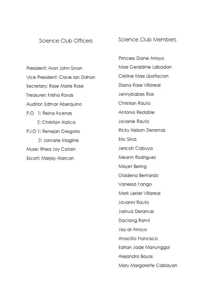 Science Club Officers Science Club Members | PDF