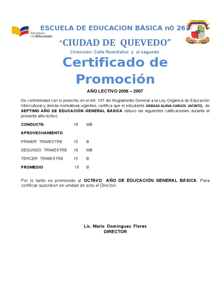 Certificado de Promocion 2019