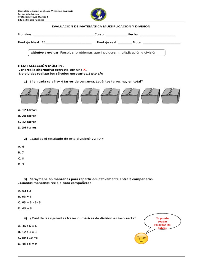 Prueba Multiplicacion y Division Adecuaciòn 1 | PDF | Enseñanza de ...