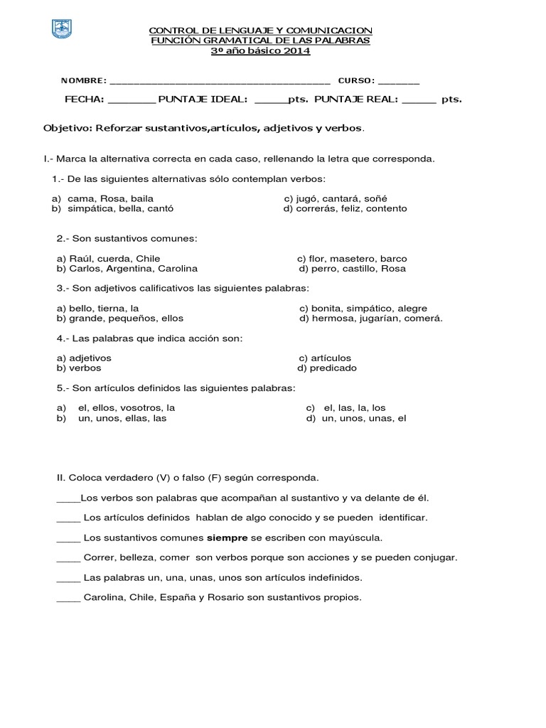 PRUEBA de LENGUAJE Adjetivos Sustantivos Articulos Verbos | PDF | Verbo ...
