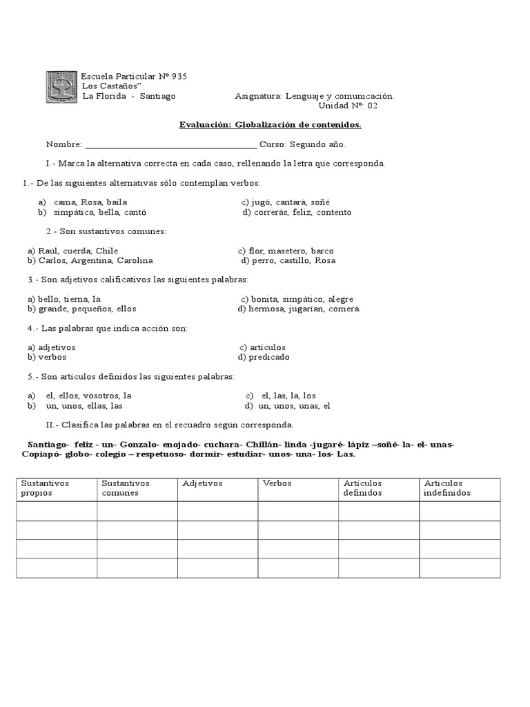 PRUEBA de LENGUAJE Adjetivos Sustantivos Articulos Verbos | PDF ...