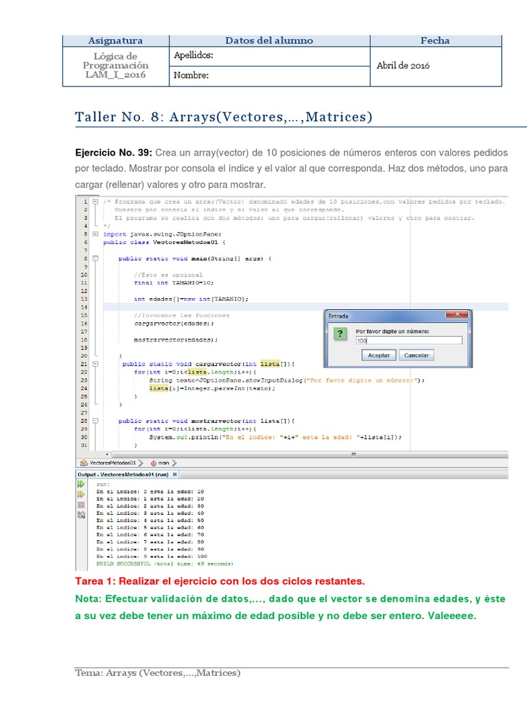 Taller 8 Arreglos Vectores | PDF | Estructura de datos de matriz ...