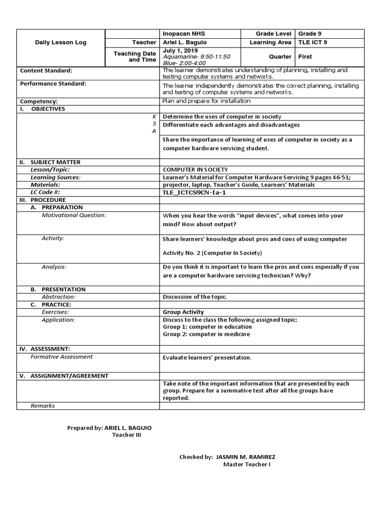 Content Standard: Performance Standard: Competency: I. Objectives | PDF ...