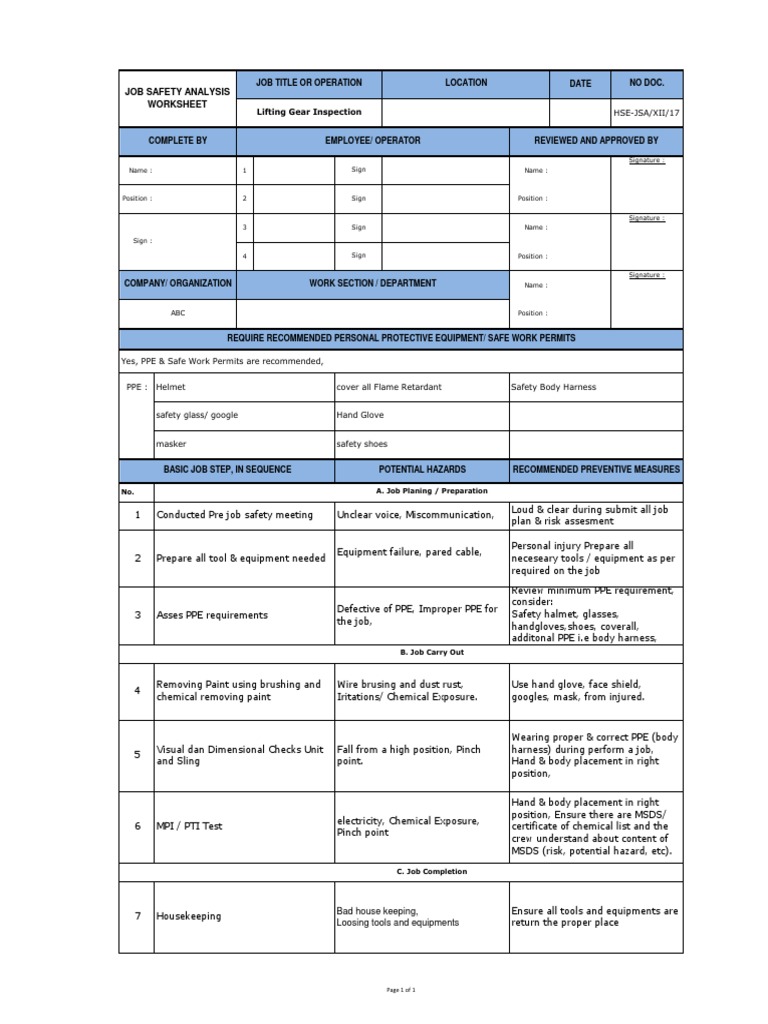 Job Safety Analysis Worksheet: HSE-JSA/XII/17 | PDF | Personal ...