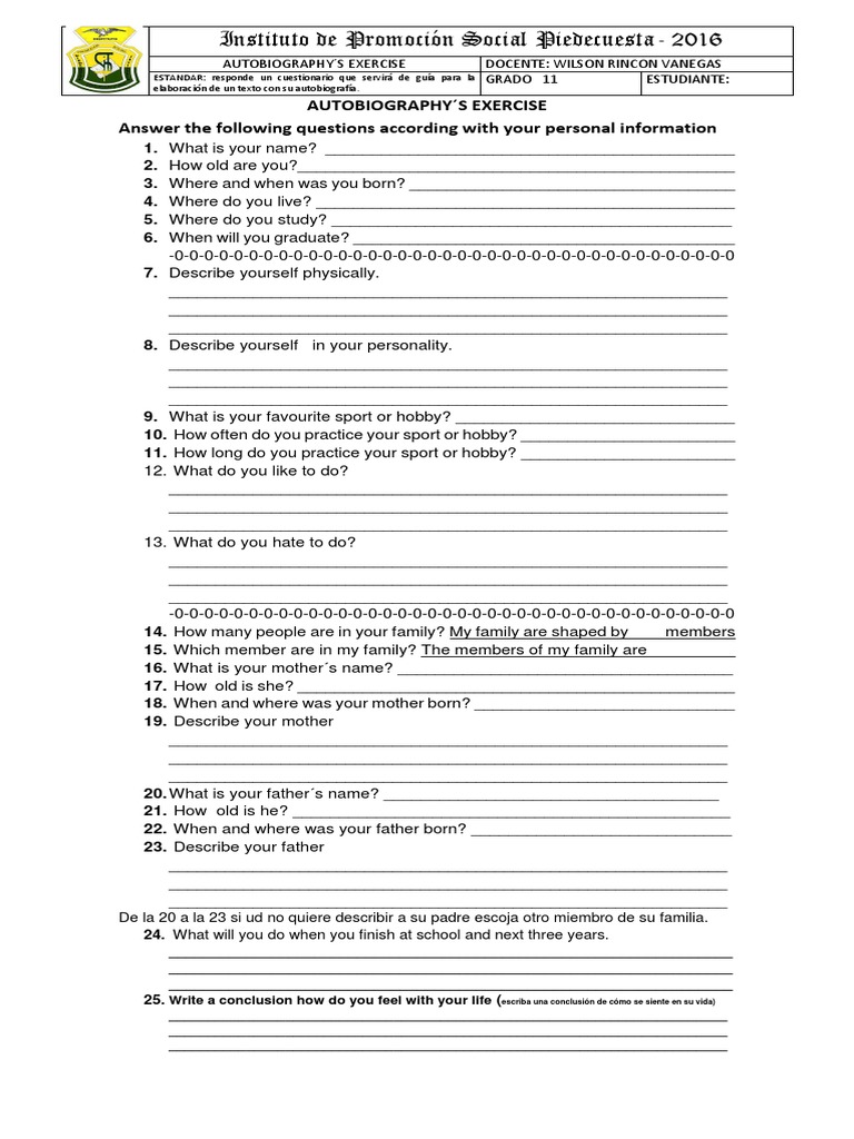 Personal Autobiography Questionnaire | PDF