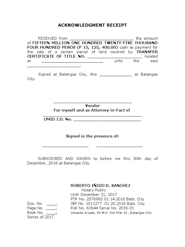 Acknowledgment Receipt: Zenaida Arcade, 43 M.H. Del Pilar ST., Batangas ...
