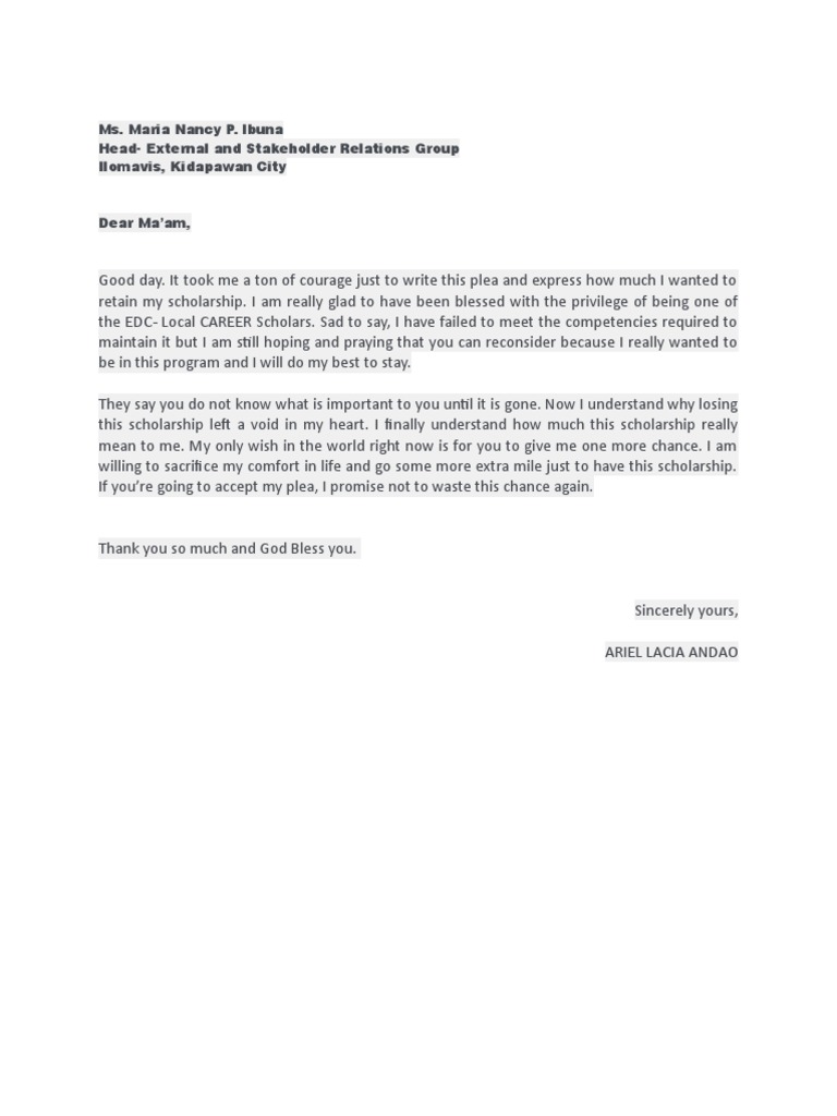 Scholarship Retention Appeal Letter | PDF | Cooking, Food & Wine | Self ...