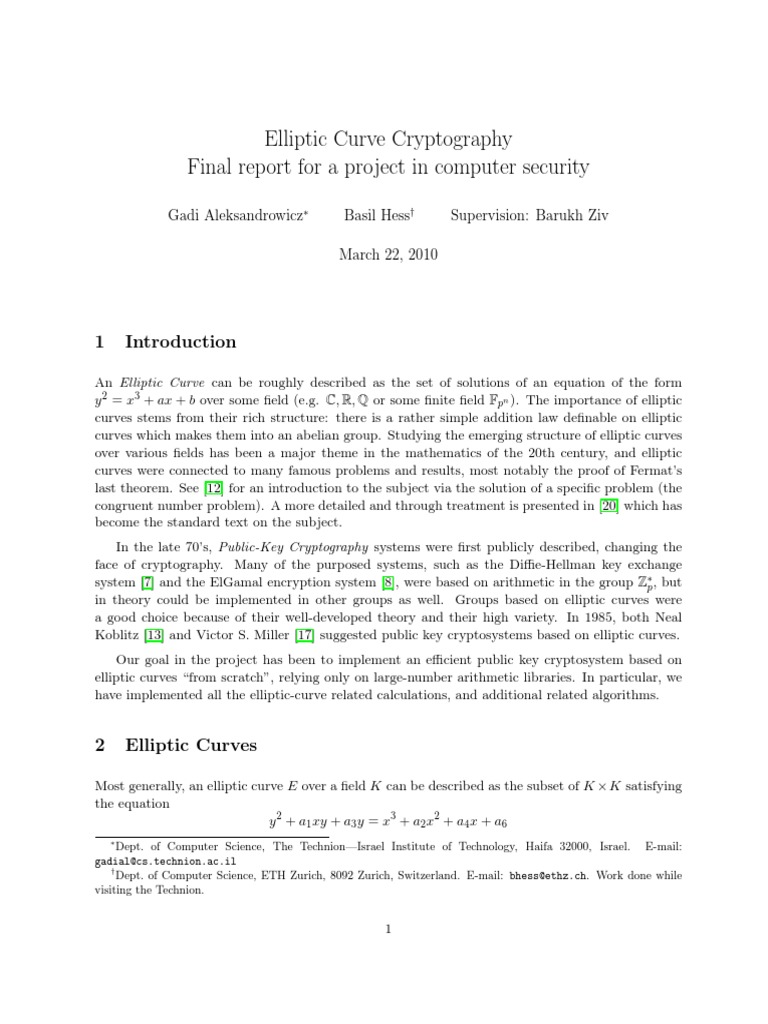 Elliptic Curve Cryptography Final Report For A Project in Computer Security | PDF | Cryptography ...