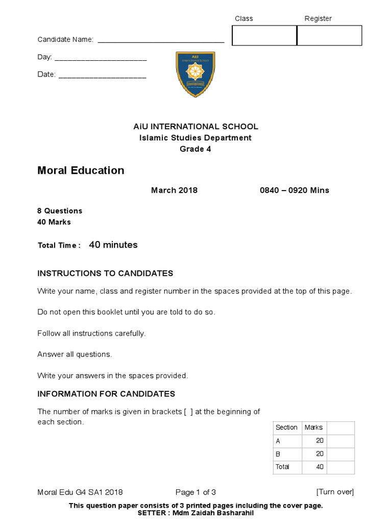 2018 Moral Education Grade 4 | PDF