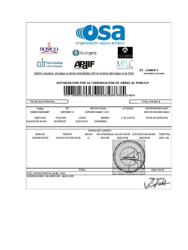 Certificado de Pago Sayco y Acinpro | PDF