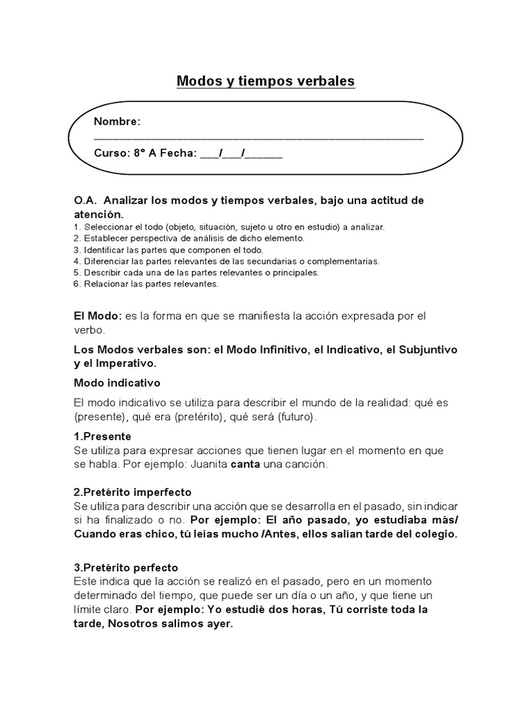 Guia de Modos y Tiempos Verbales 8 | PDF | Verbo | Mecánica del lenguaje