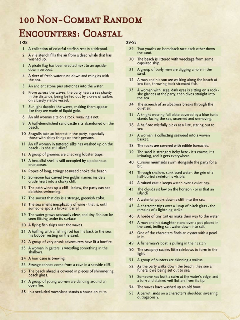 100 Non-Combat Random Encounters (Coastal) | PDF