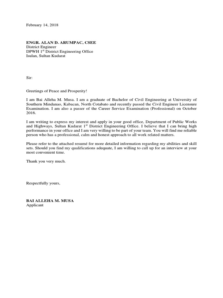 Application Letter DPWH | PDF | Educational Stages | Qualifications